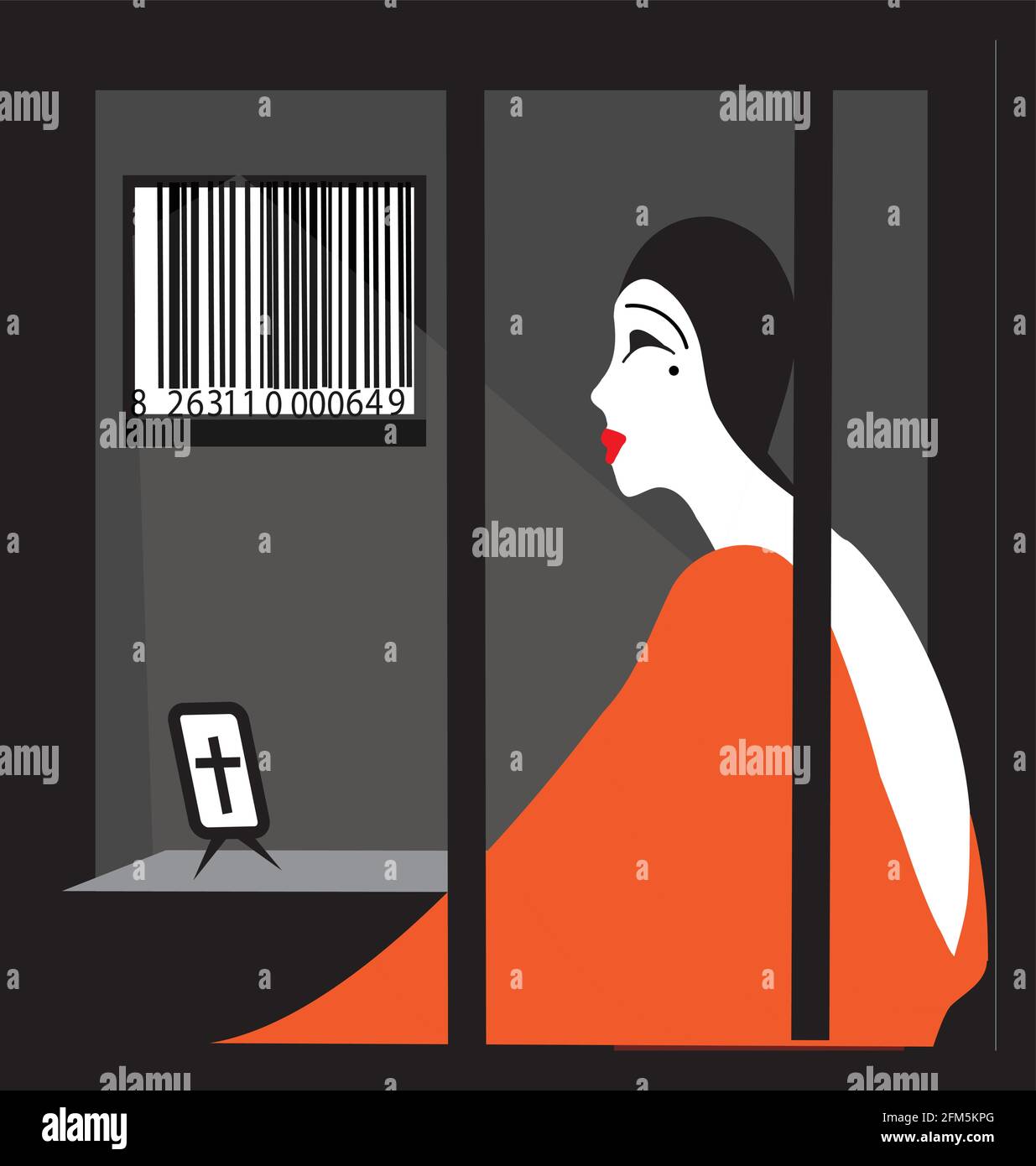 illustration of a prisoner in a cell with its window as a barcode ...