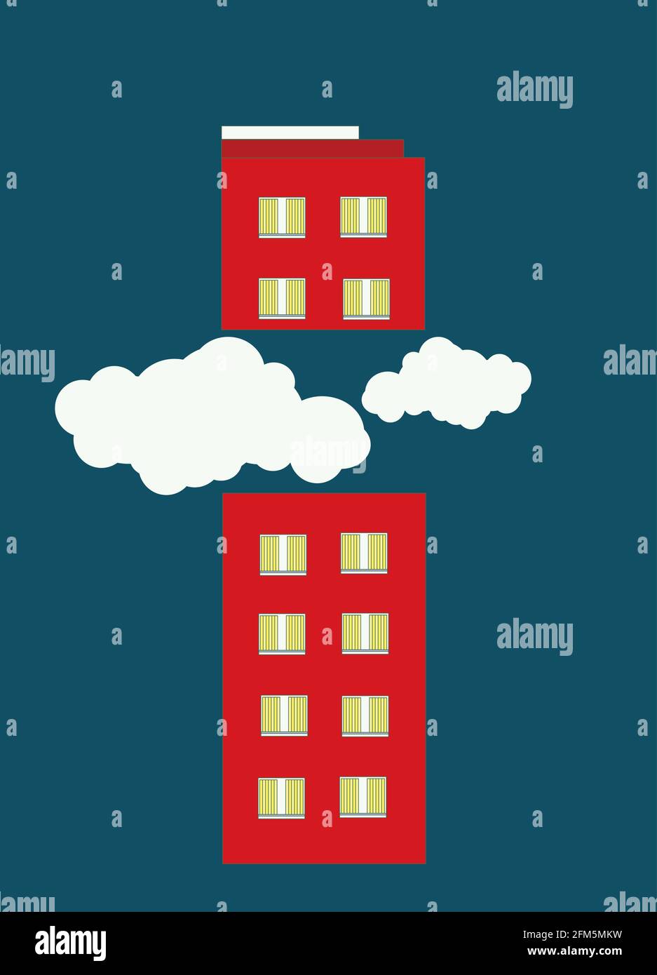 illustration of a building cut in half by clouds , isolated on a blue ...