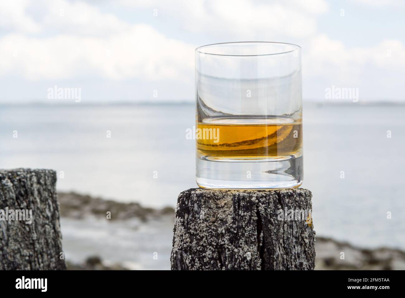 Tasting of dram single malt scotch whisky on seashore in Scotland, old ...
