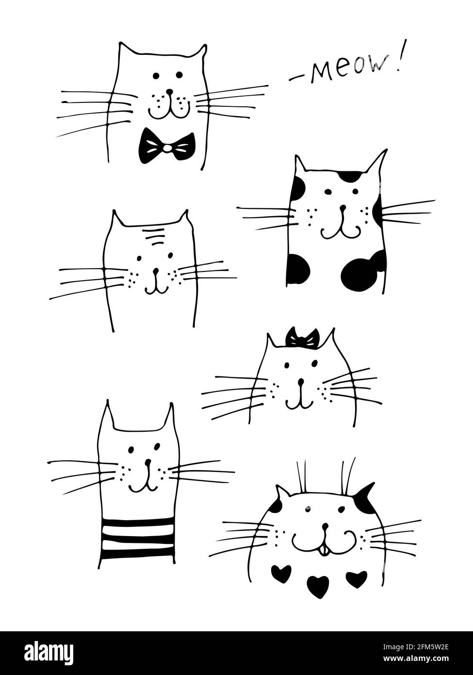 Cat faces vector illustration, cats collection with text Meow isolated ...