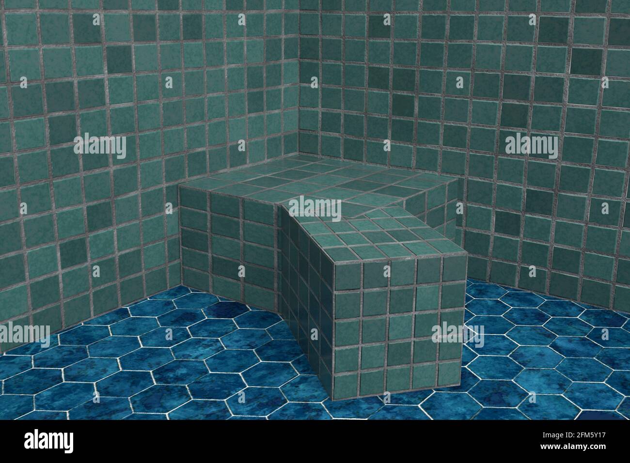 A 3d rendering of a tiled wall and cube shaped platform Stock Photo - Alamy