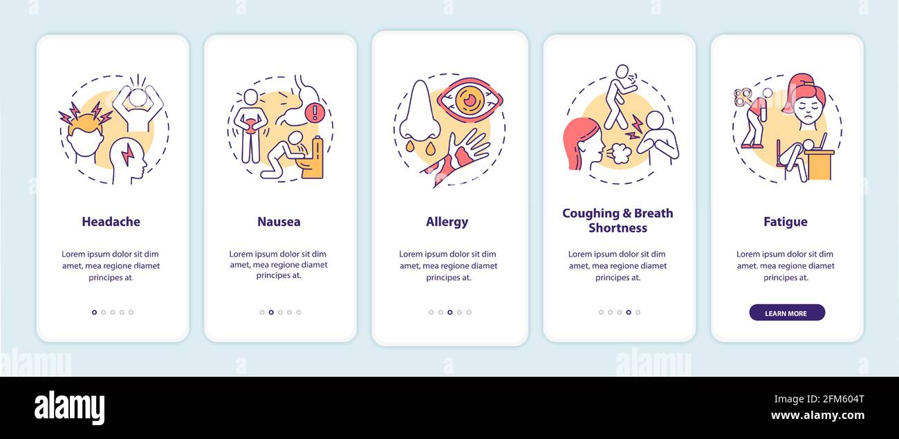 Air pollution disease symptoms onboarding mobile app page screen with ...