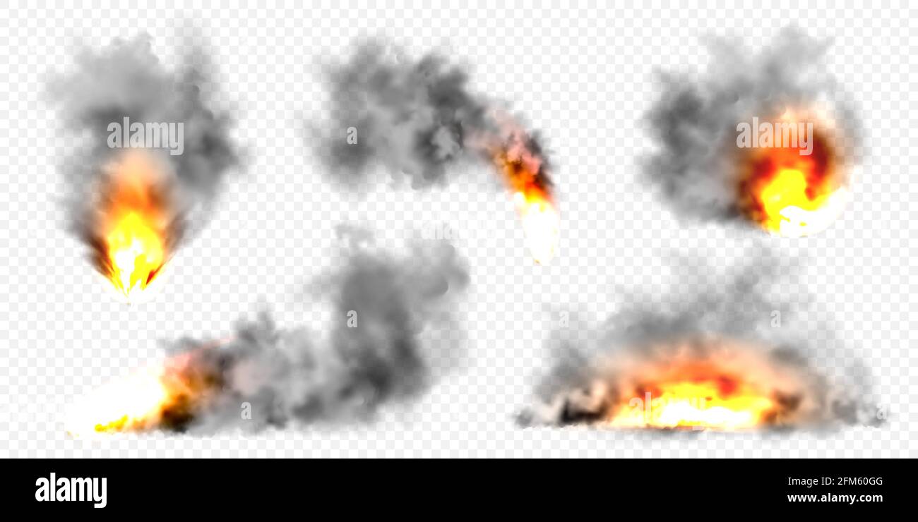 Realistic black smoke clouds and fire. Flame blast, explosion. Stream ...