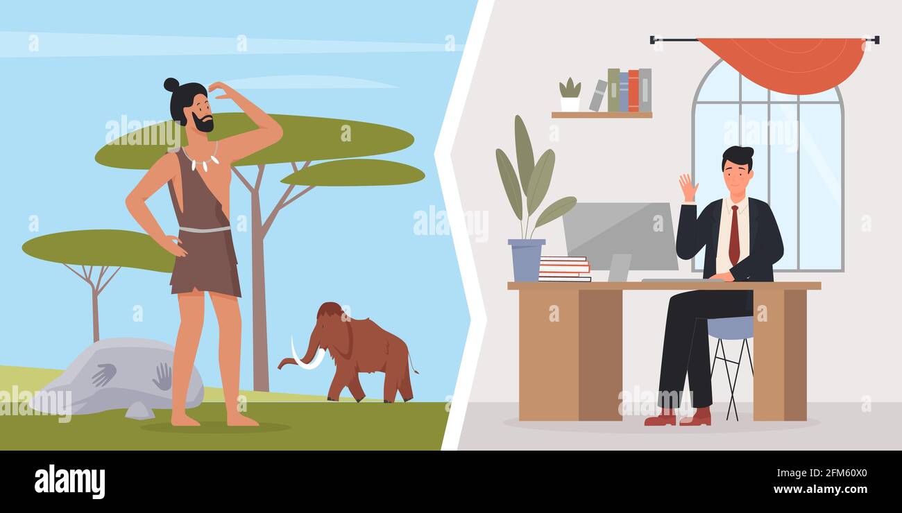Human evolution, primitive caveman and businessman vector illustration ...
