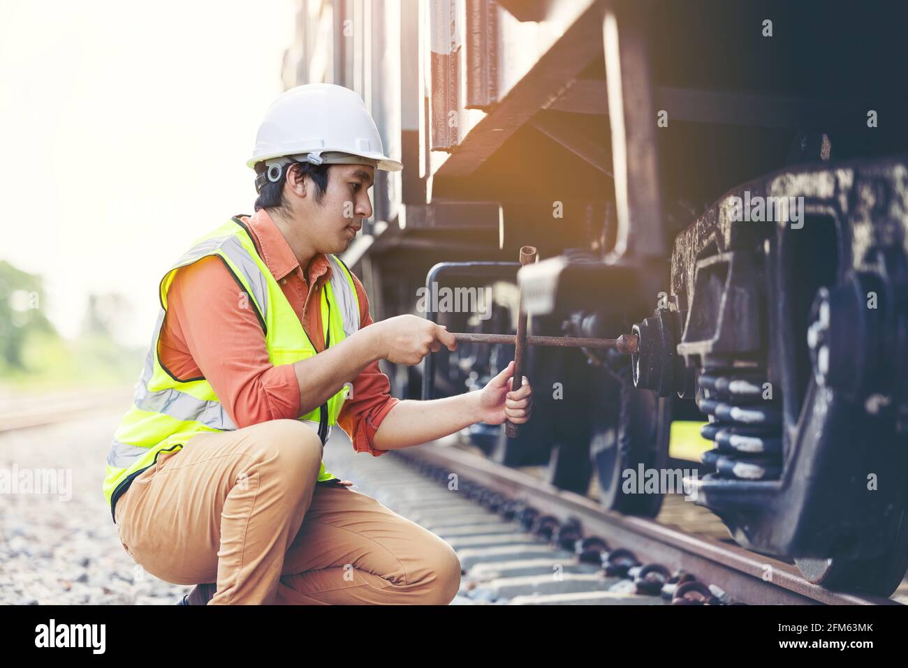 Engineer man checking train before service erformed various system ...