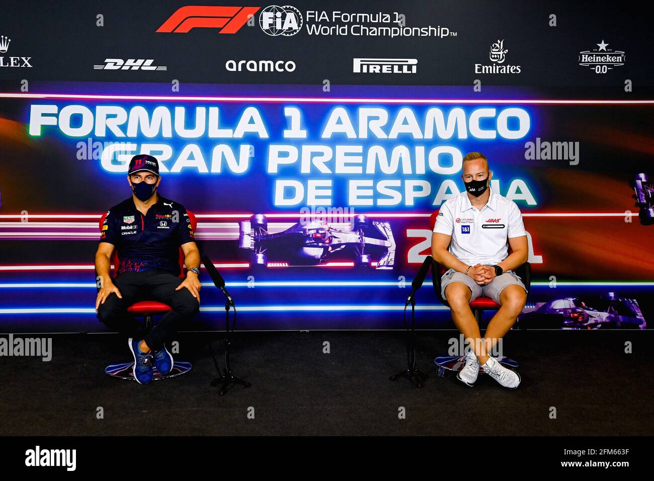 Barcelona, Spain. 06th May, 2021. (L to R): Sergio Perez (MEX) Red Bull ...