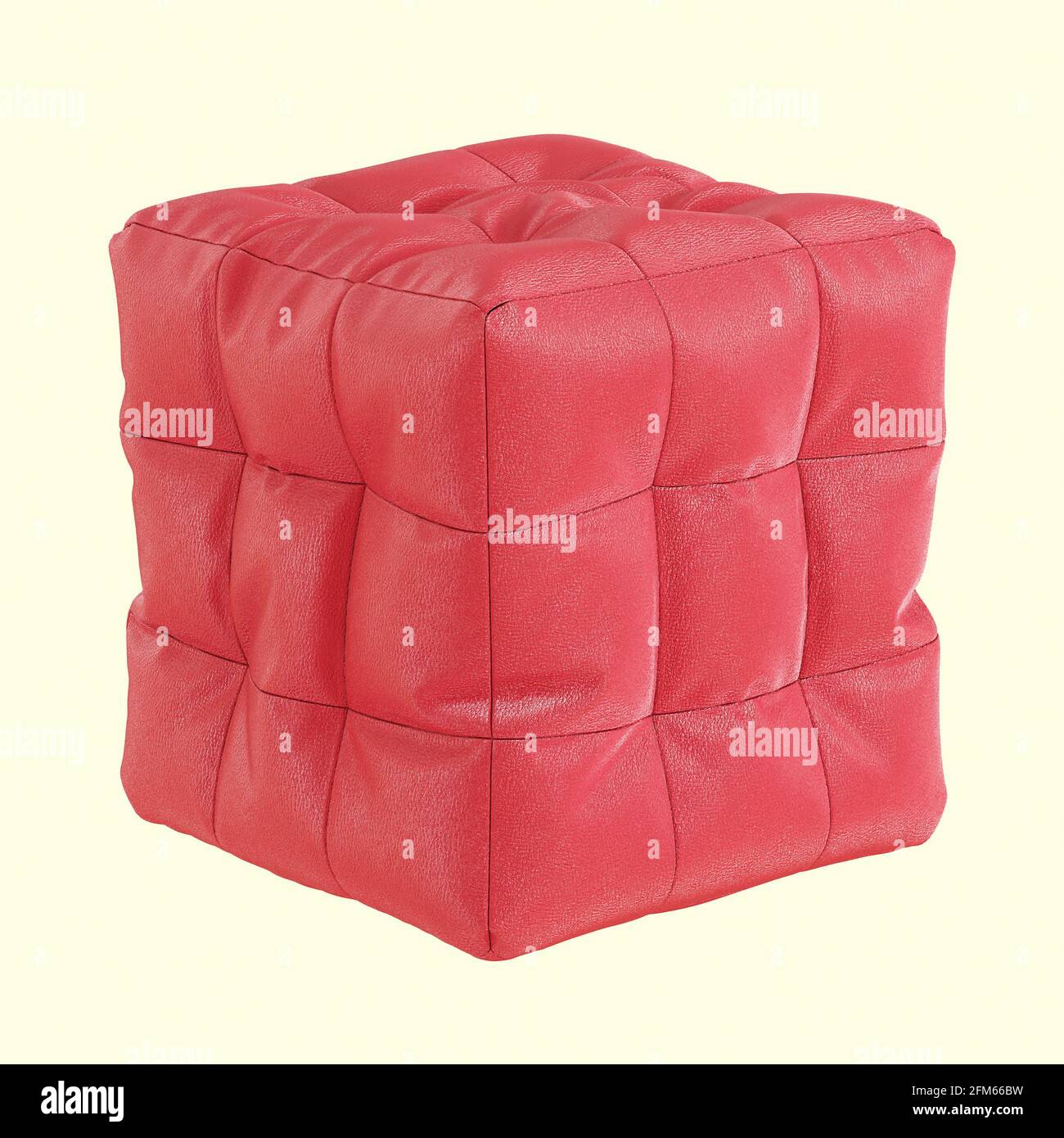 Red leather square quilted pouf on isolated background. 3d rendering ...