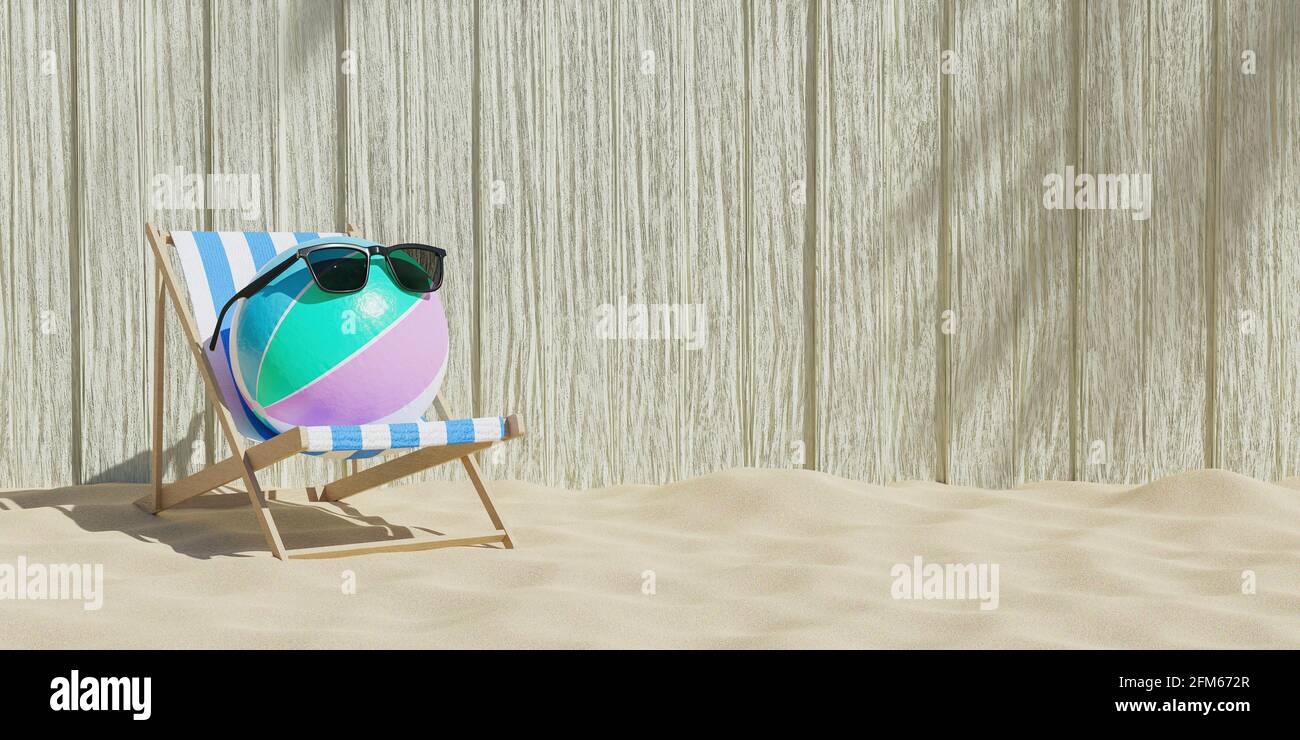 3d rendering o beach ball with sunglasses on a beach chair with wooden ...