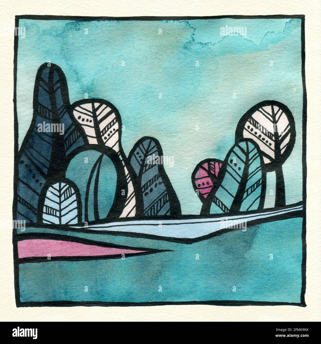 Abstract decorative landscape watercolor illustration. Calm watercolor ...