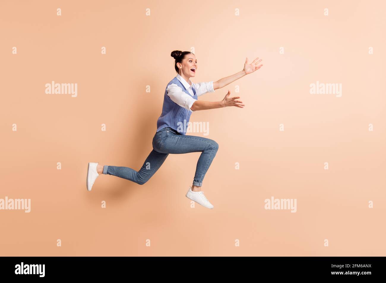 Full Size Profile Photo Of Brunette Optimistic Lady Jump Wear White