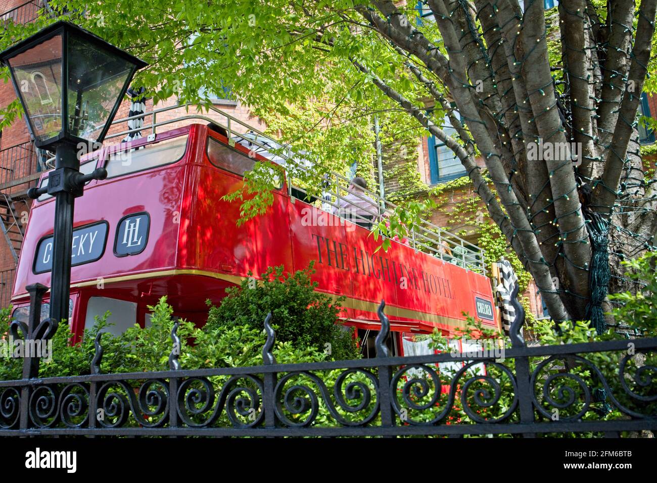 New York, NY, USA - May 5, 2021: A London bus used for dining on the ...