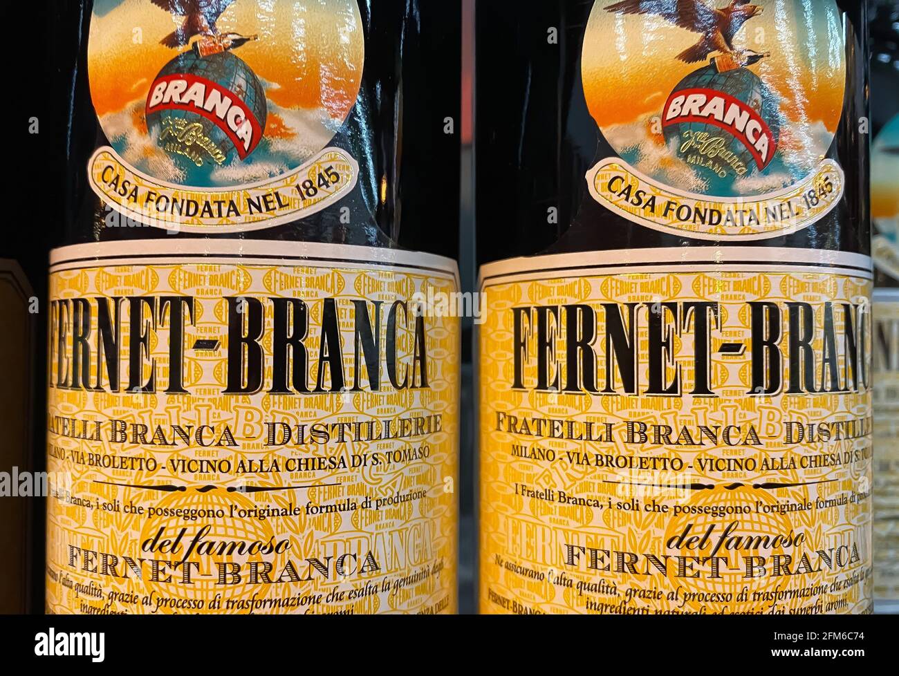 Viersen, Germany - May 6. 2021: Closeup of bottle labels with fernet ...
