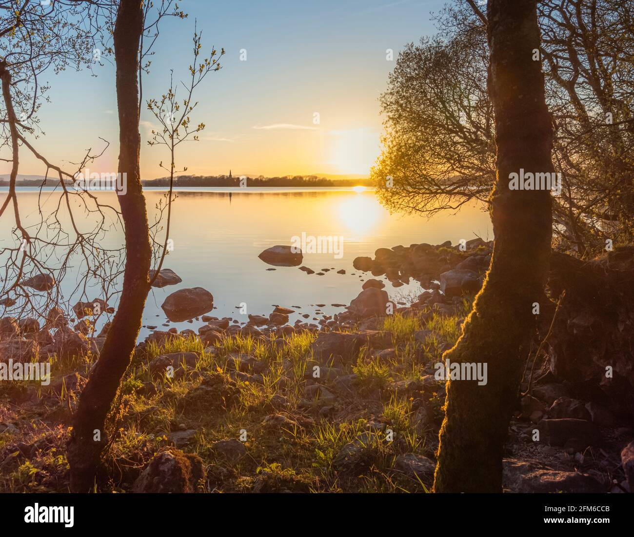 St Patrick's Church and spire on Lough Beg viewed from the woods on the ...