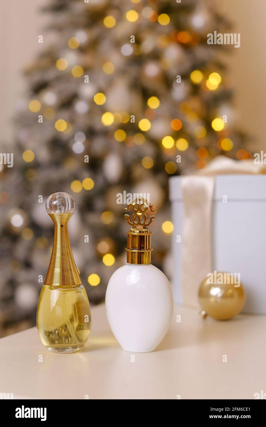 Generic perfume bottles in a gift set on christmas background Stock ...
