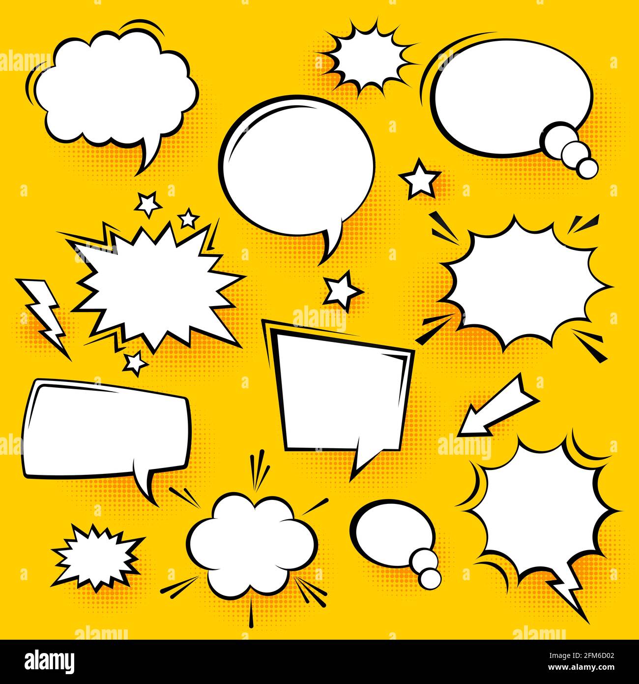 Blank comic speech bubbles with halftone shadows on yellow background ...
