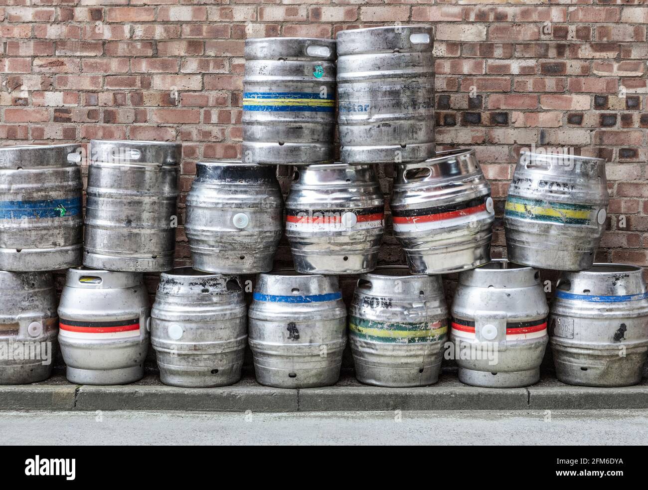 A stack of beer or ale or lager barrels or Kegs Stock Photo - Alamy