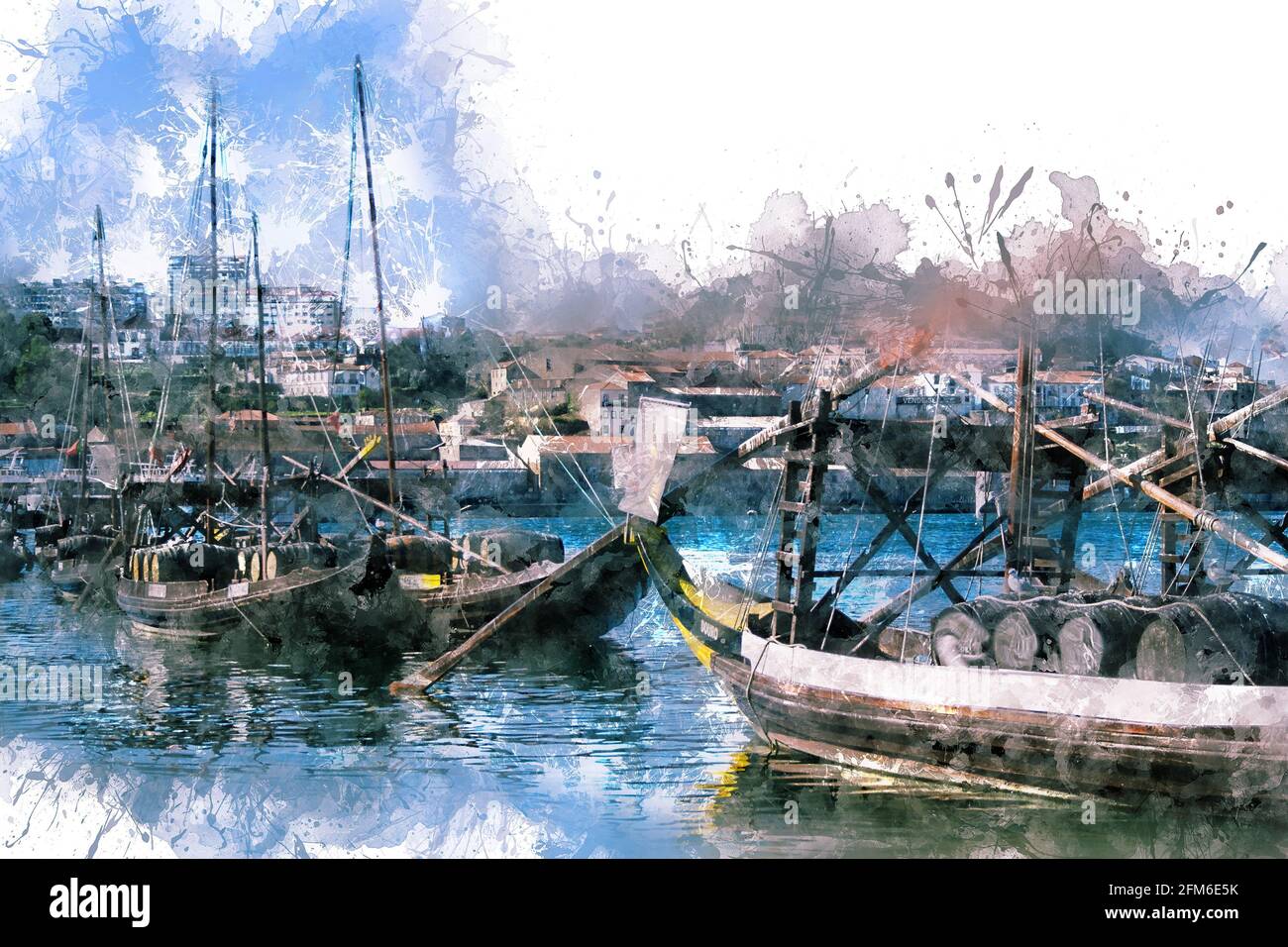 Watercolor drawing, illustration. View of two boats and a river, in the ...