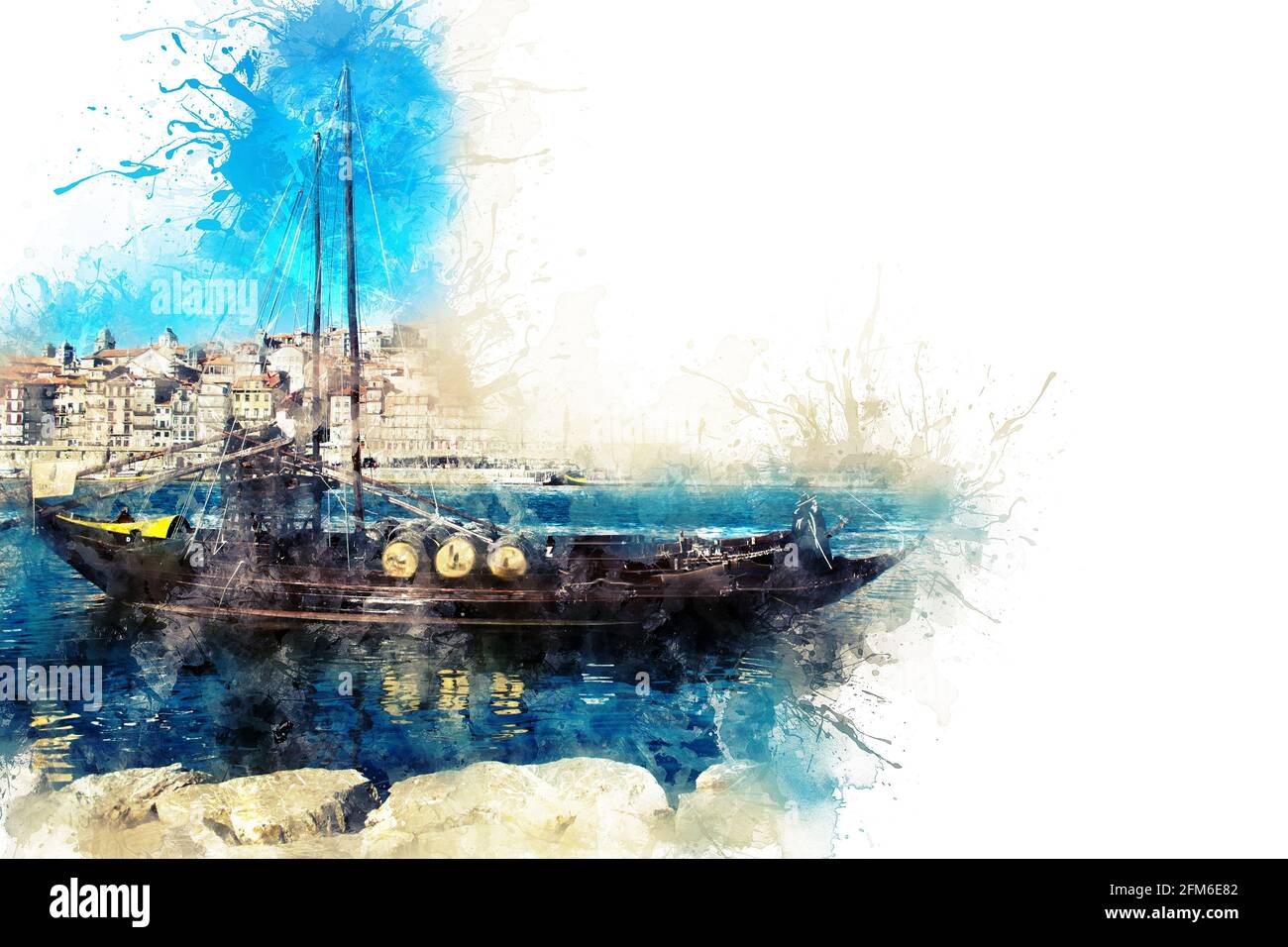 Watercolor drawing, illustration. View of two boats and a river, in the ...