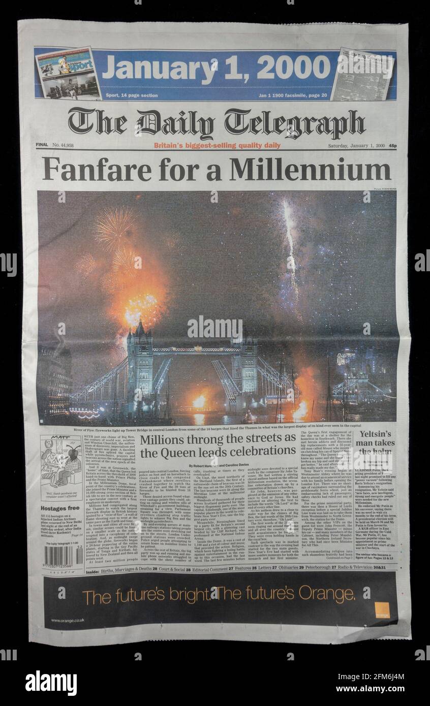 Front page of The Daily Telegraph newspaper on 1st January 2000 Stock ...