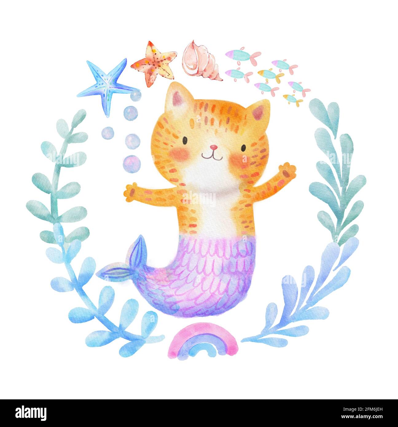 Cute Watercolor Meow-maid Purr-maid Cat Mermaid. Little Kitty Mermaid ...