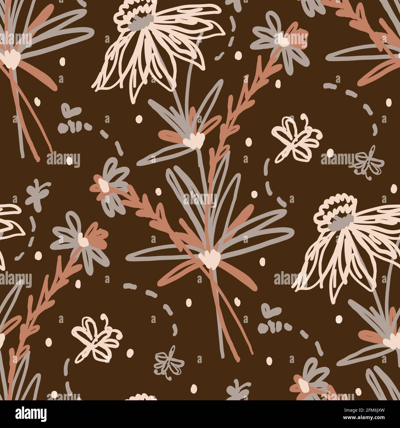 Seamless minimalist doodle floral pattern background. Calm boho earthy ...