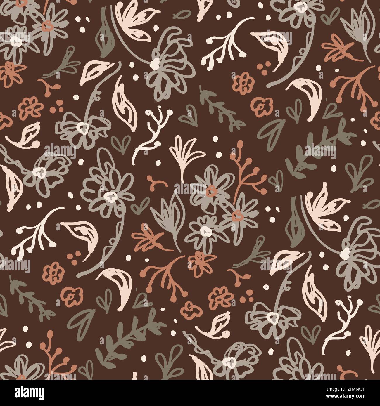 Seamless minimalist doodle floral pattern background. Calm boho earthy ...