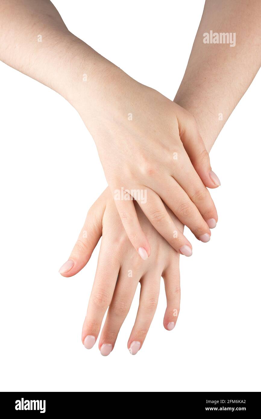 Close up hands of girl isolated on white background. Woman hands ...