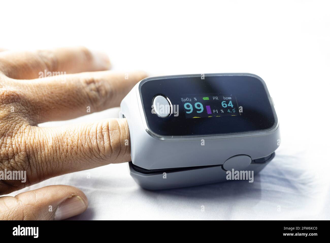 Close up view of an pulse oximeter with human fingers on white ...