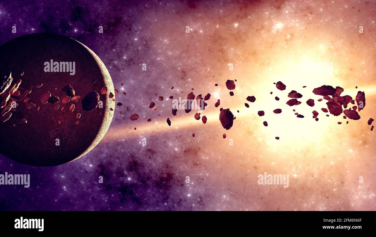 Planet and asteroid. Asteroid rings around a planet. New worlds and ...