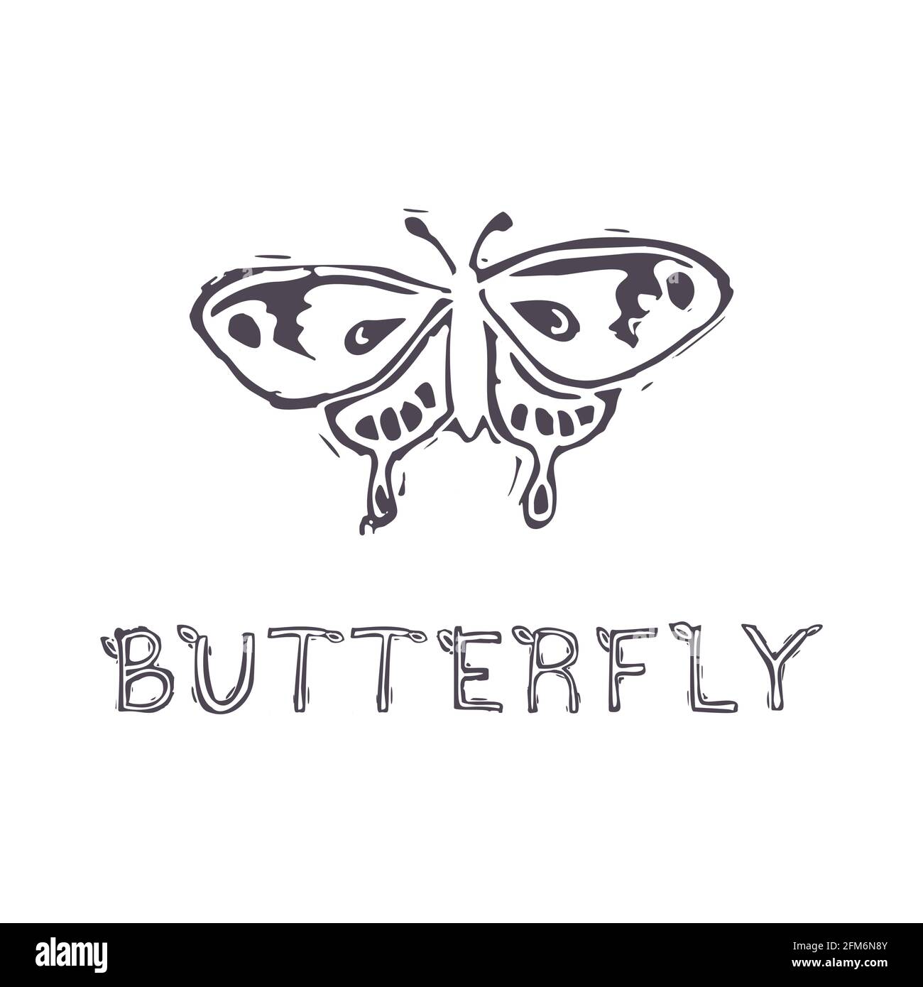 Hand carved bold block print butterfly text icon clip art. Folk ...