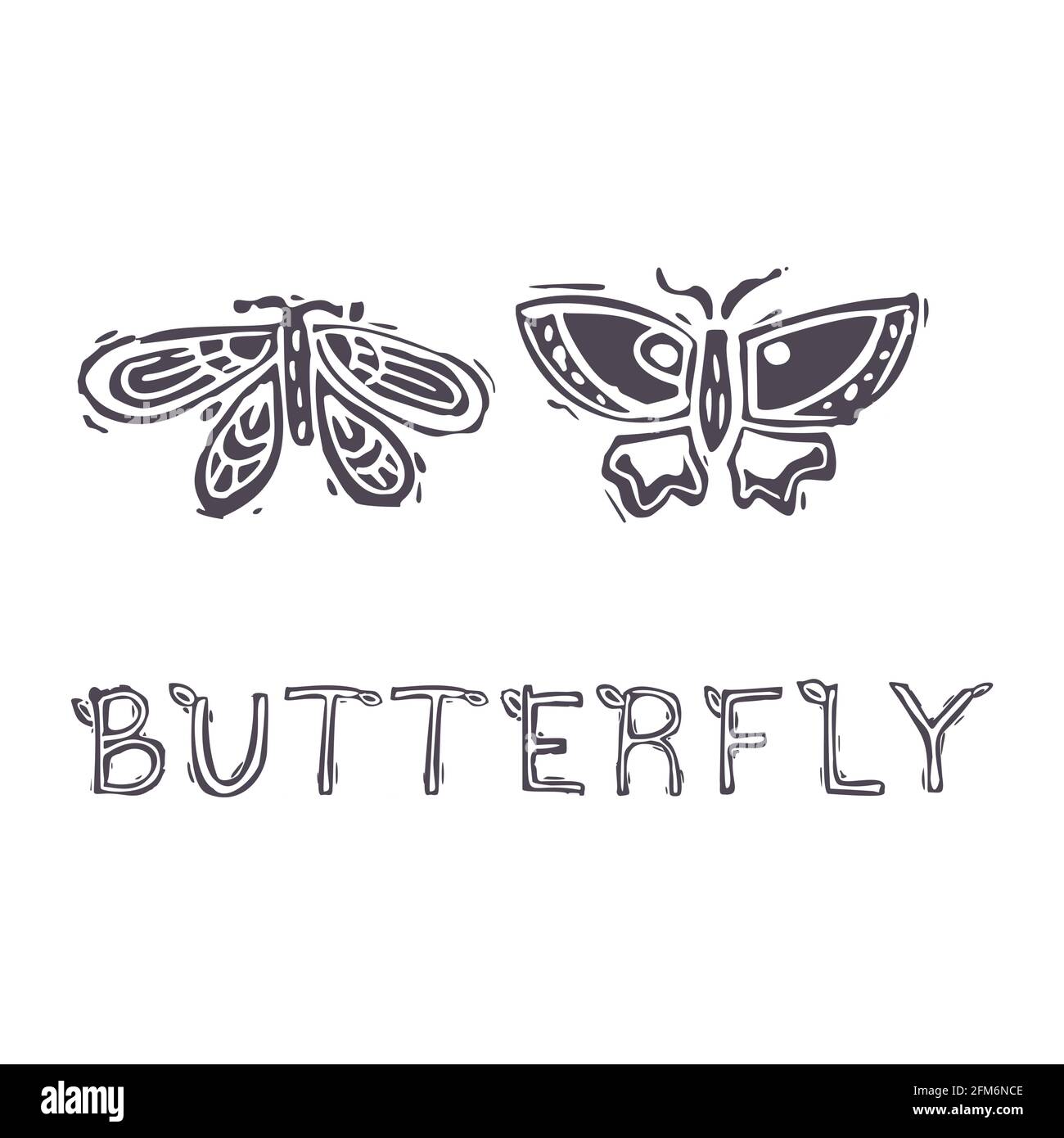 Hand carved bold block print butterfly text icon clip art. Folk ...