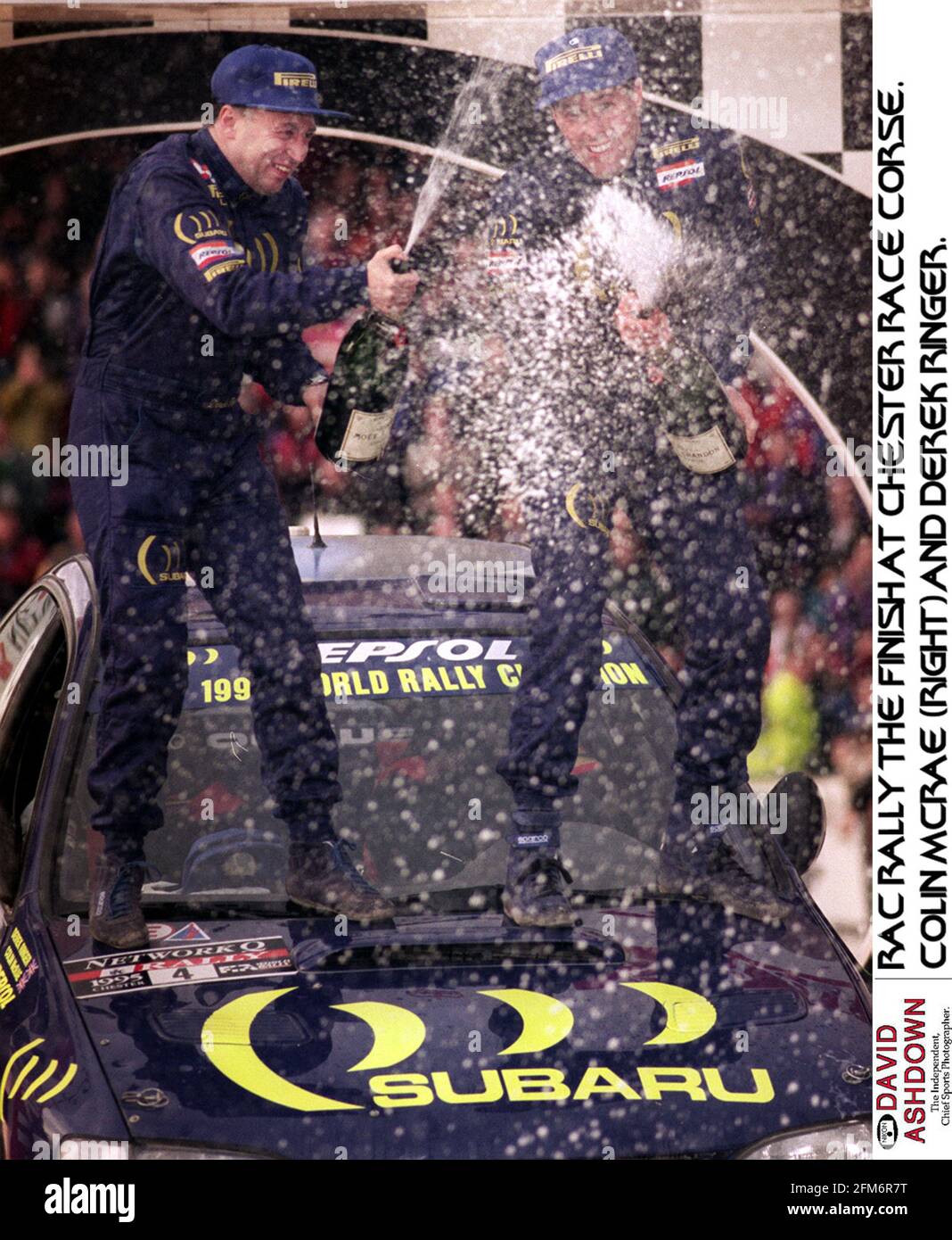 Colin McRae right and Derek Ringer celebrate winning the Network Q RAC ...