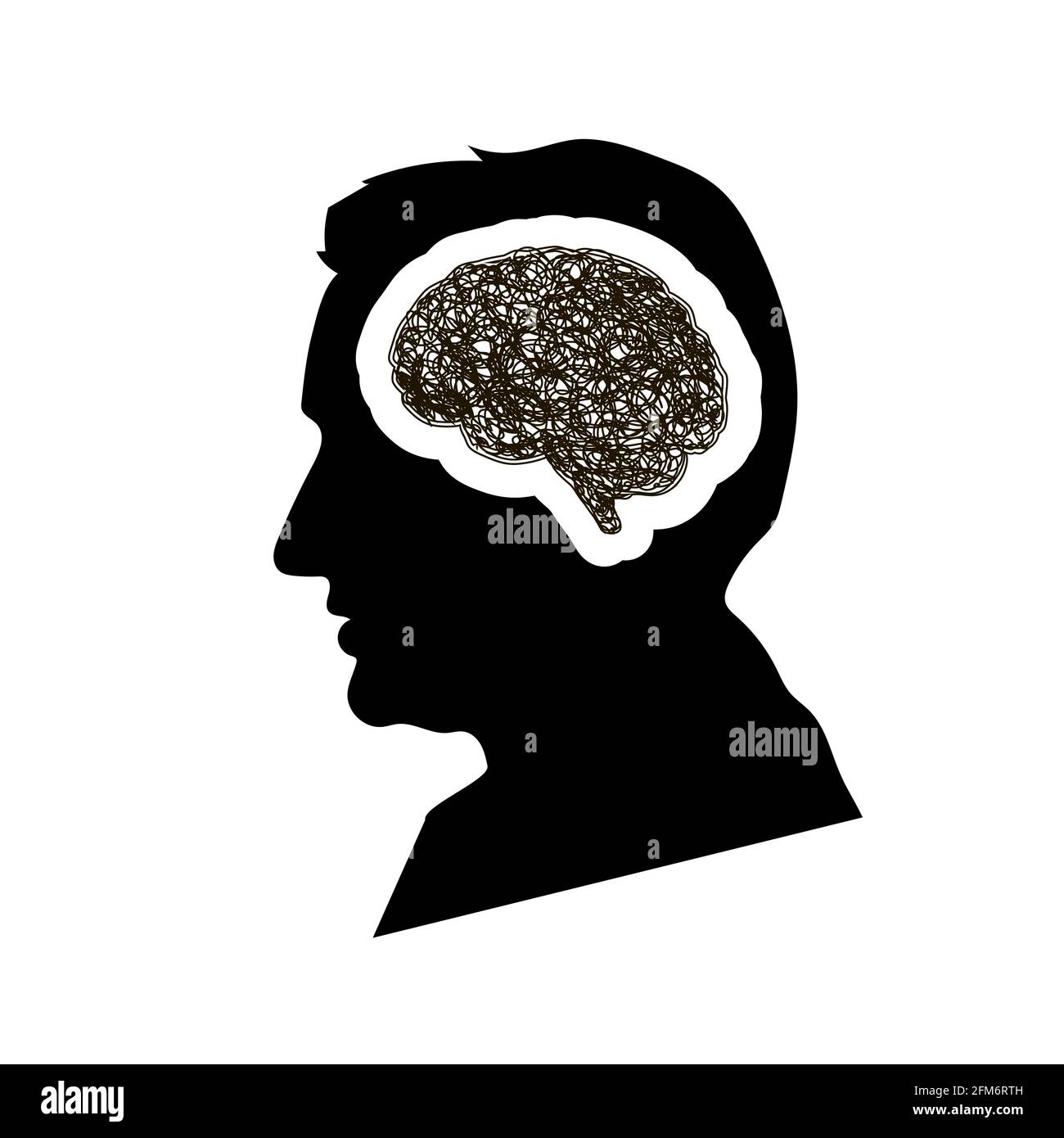 Black detailed mans face profile with brain brain with round messy ...