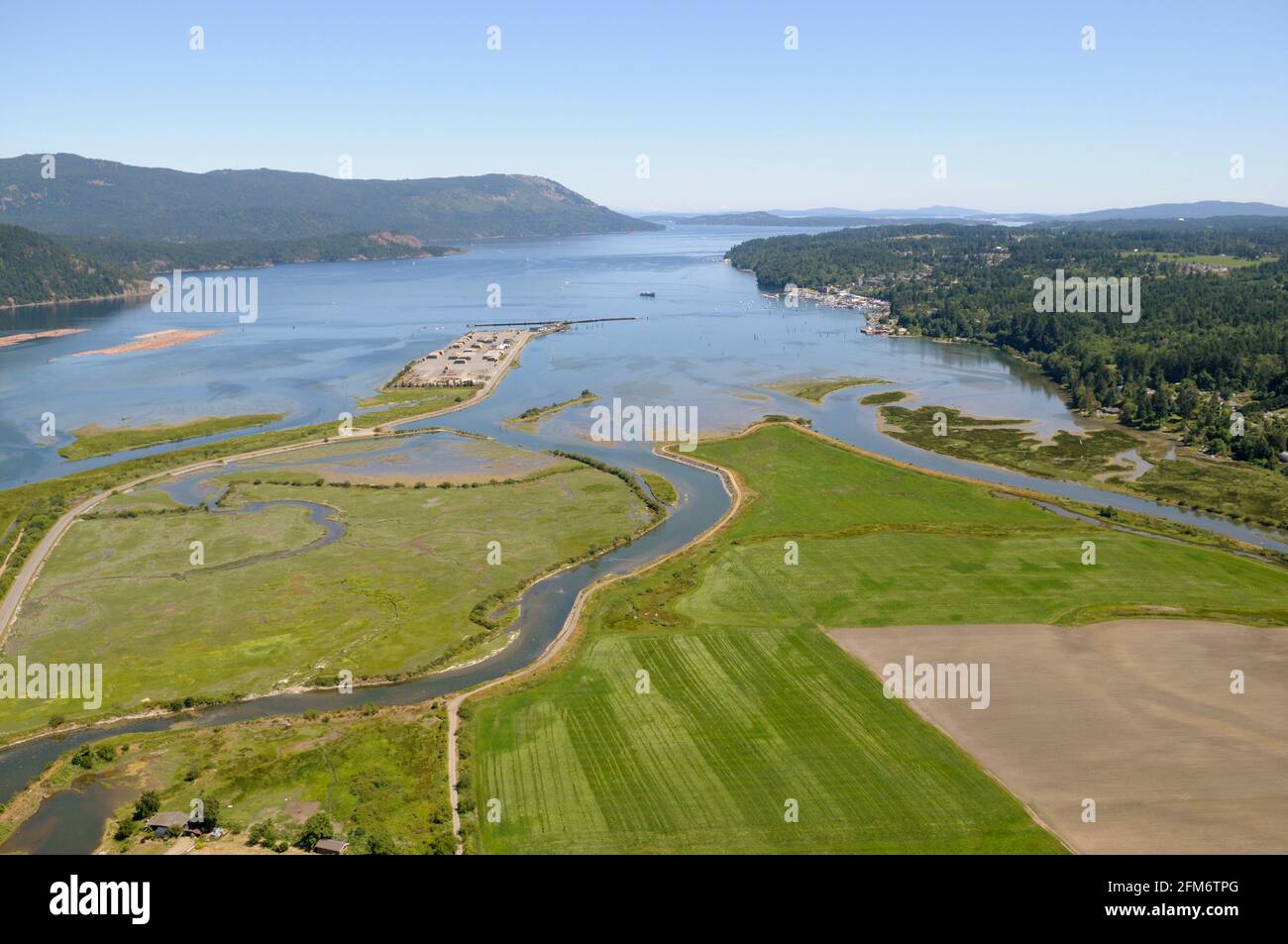 Aerial photograph of Cowichan Bay's estuary, Vancouver Island, British ...