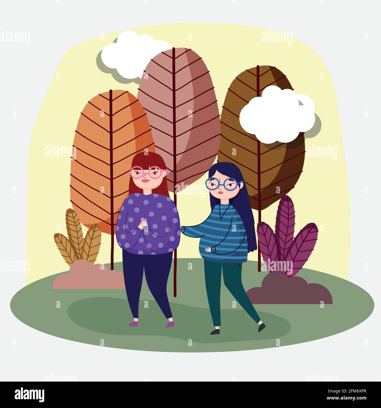 girls standing nature outdoor cartoon Stock Vector Image & Art - Alamy