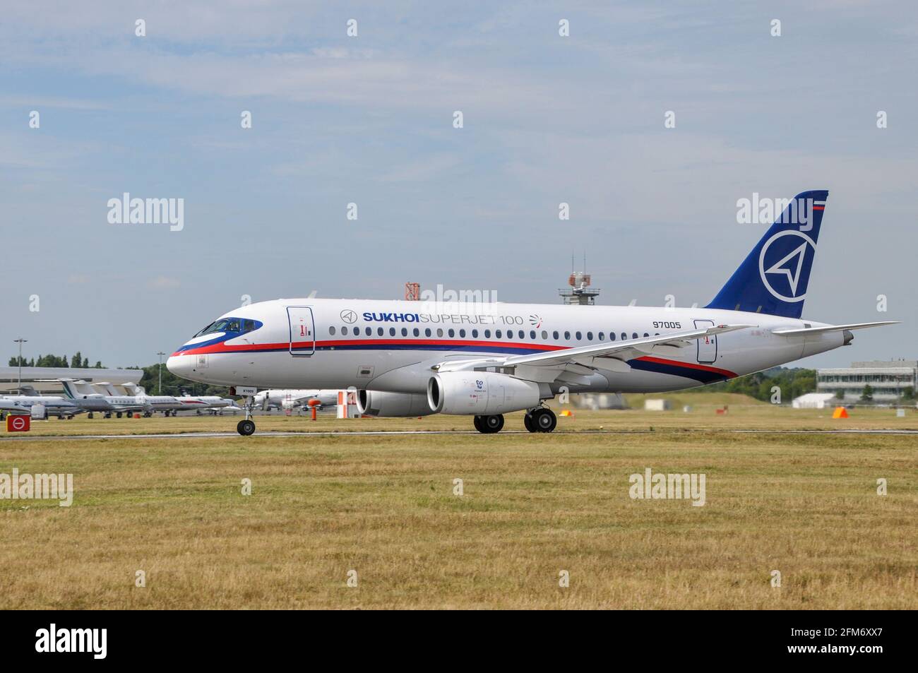 Sukhoi Superjet 100 jet airliner plane 97005 at Farnborough ...