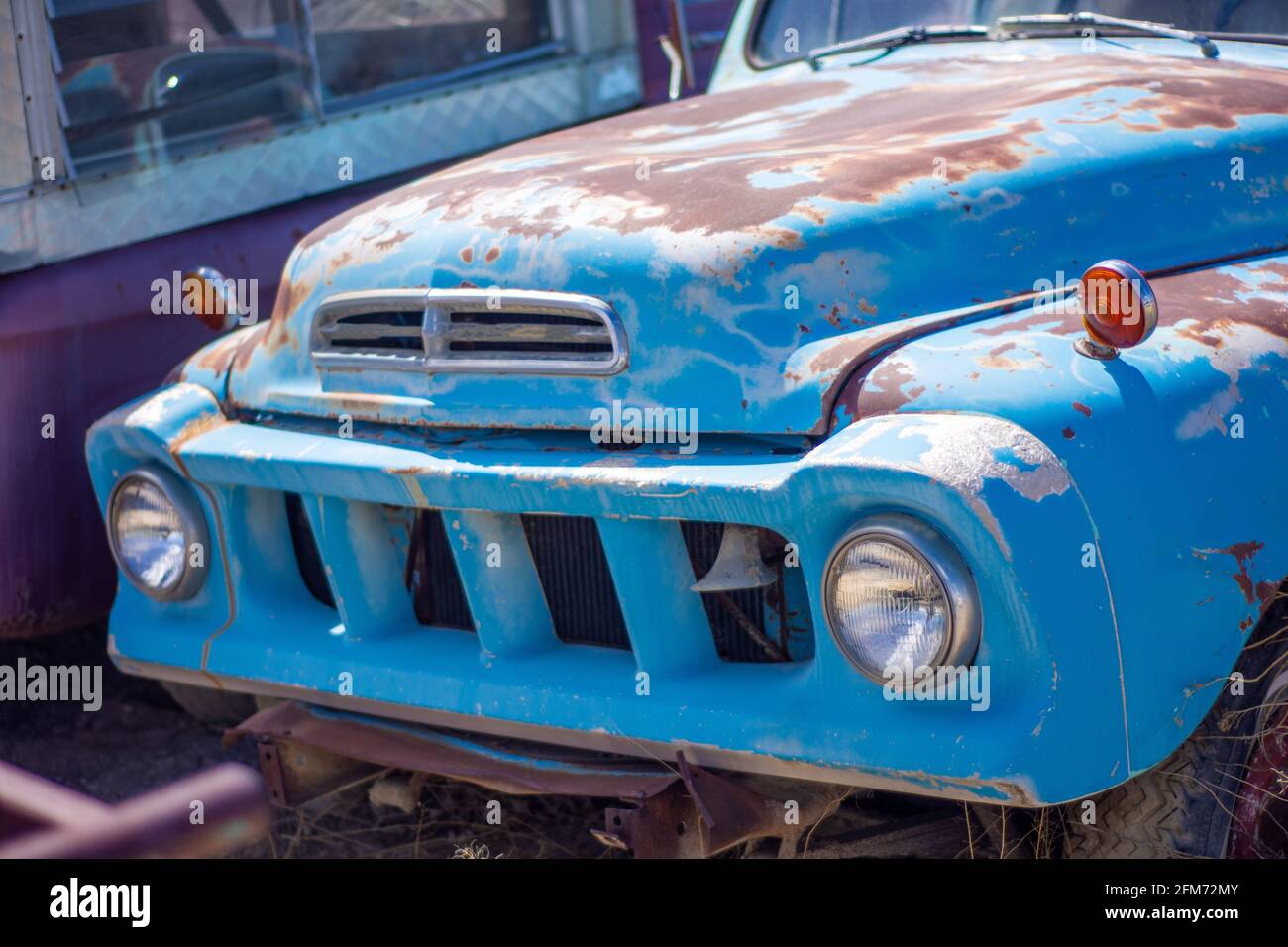 Closeup of a vintage blue truck in a junkyard Stock Photo - Alamy
