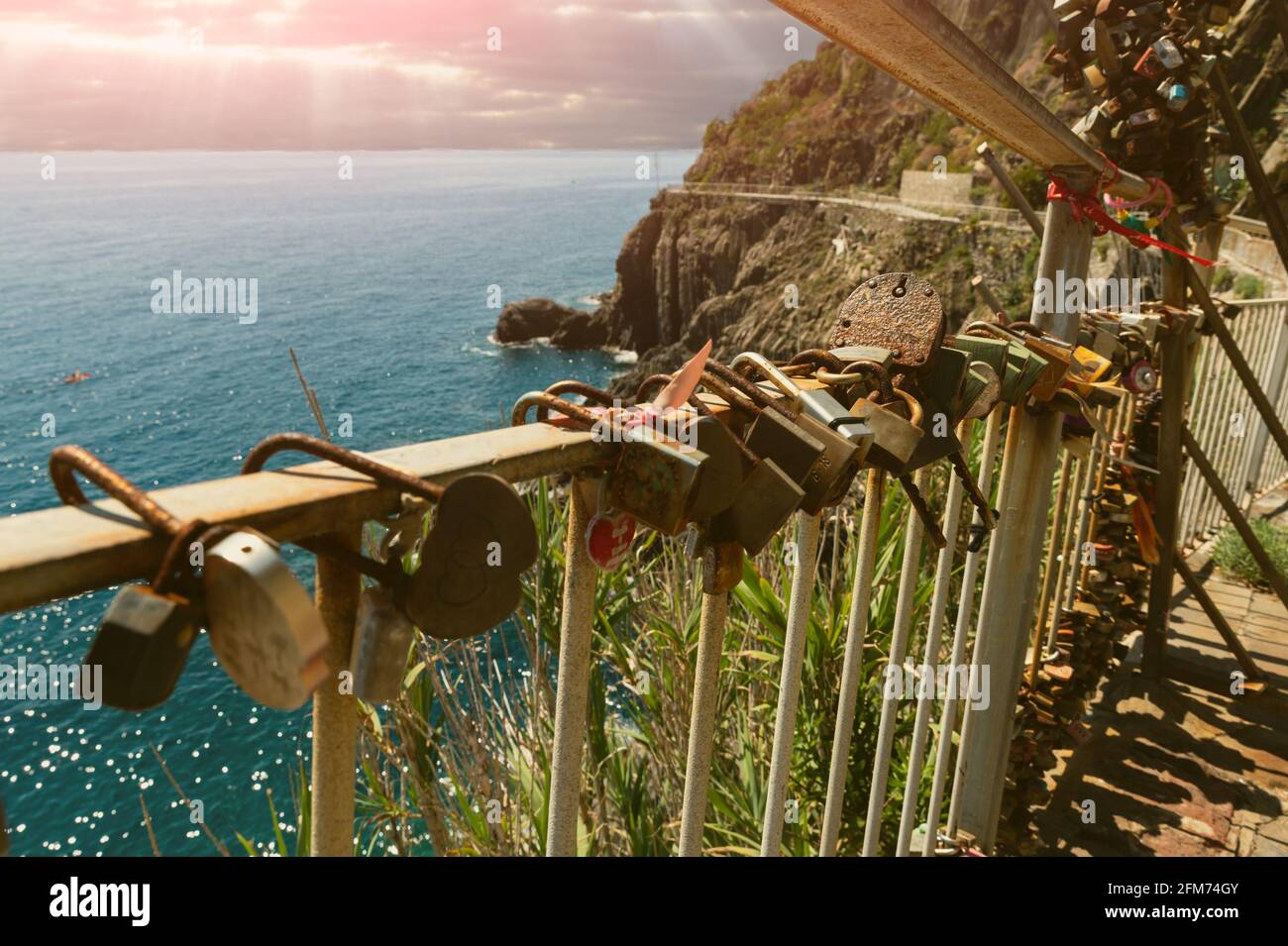 Cinque Terre, Liguria, Italy. June 2020. The padlocks of lovers hooked ...