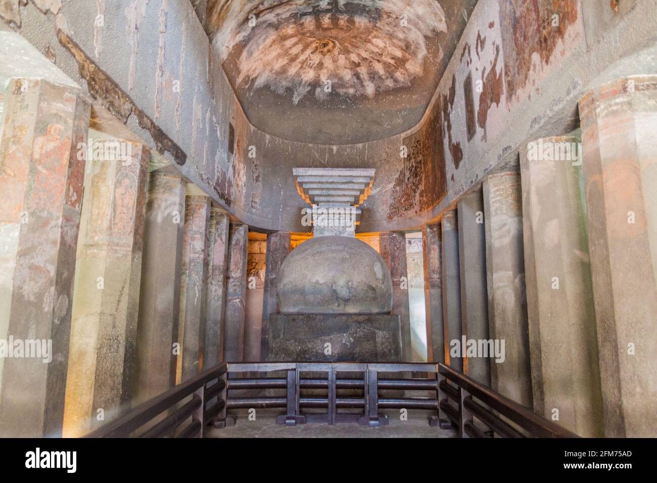AJANTA, INDIA - FEBRUARY 6, 2017: Buddhist chaitya prayer hall carved ...
