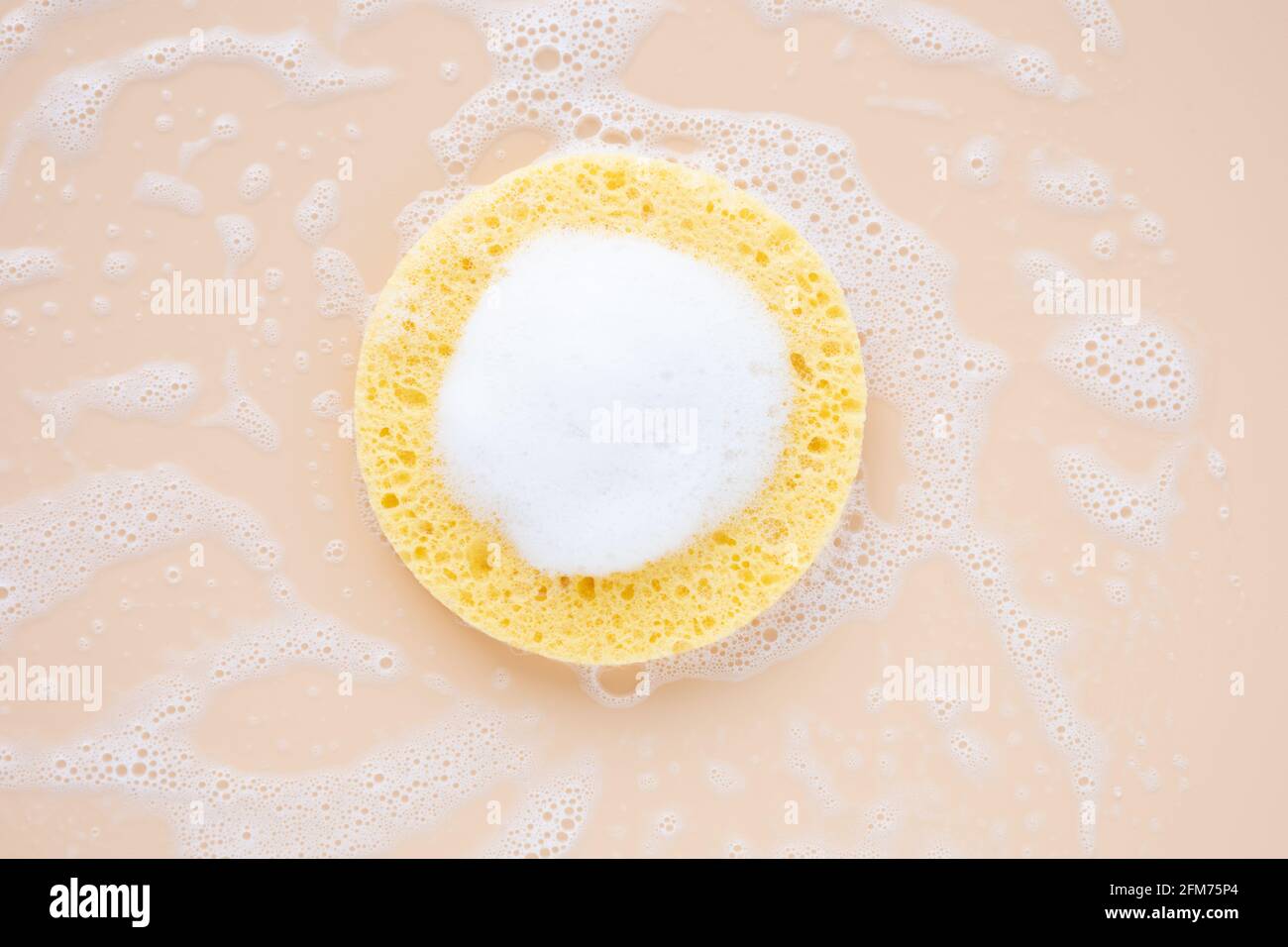 Natural beige cosmetic sponge with cleansing foam on pastel background ...