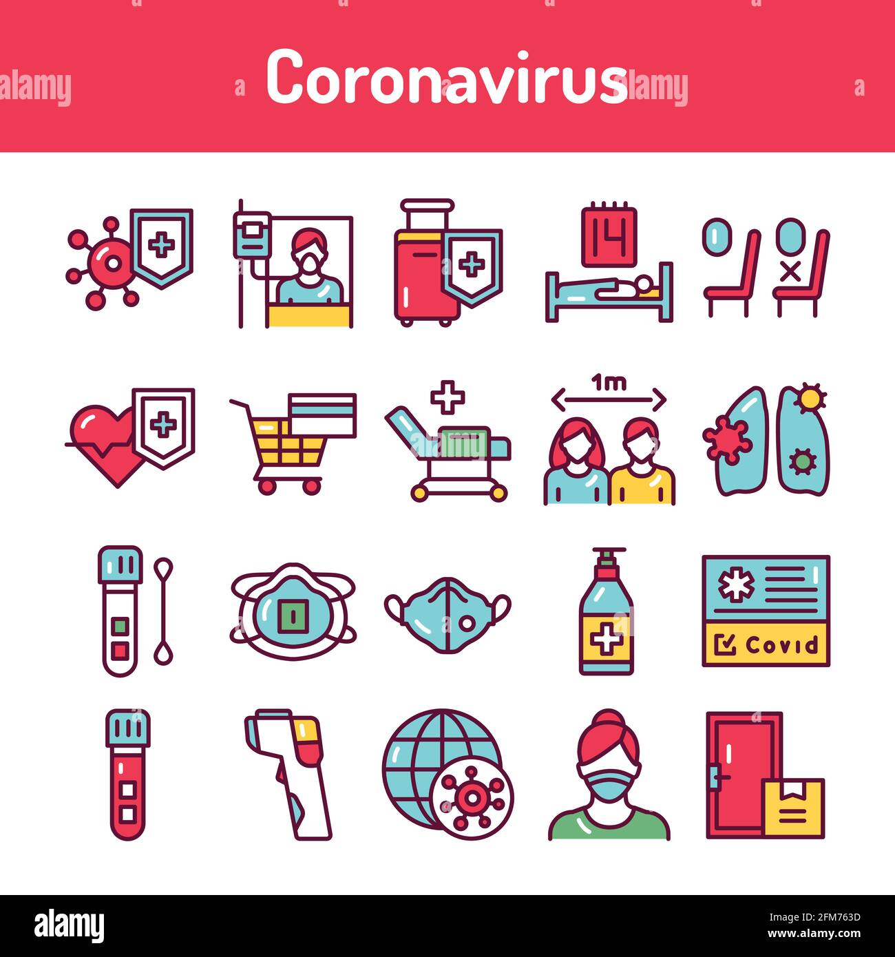 Coronavirus epidemic color line icons set. Pictograms for web page ...