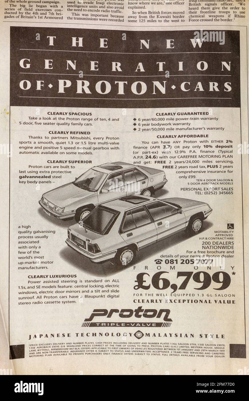 Advert for Proton cars inside the Observer newspaper on 3rd March 1991 ...