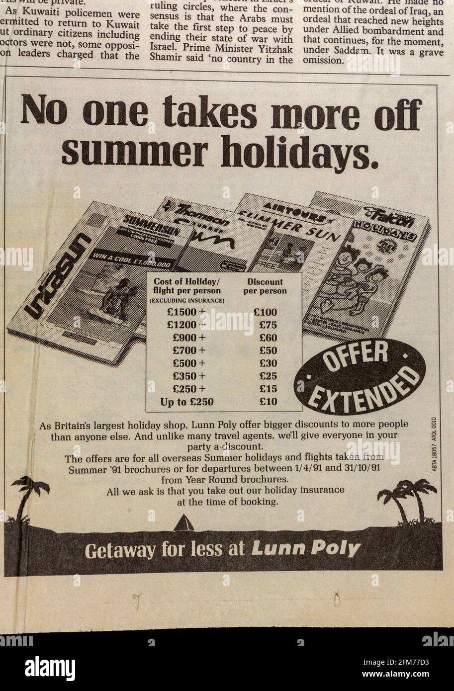 Advert for Lunn Poly holidays inside the Observer newspaper on 3rd ...