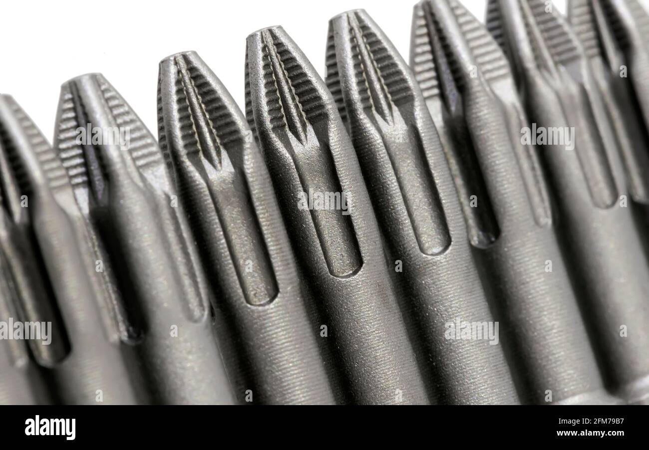 Set of bits for the screws. Selection of replaceable shapes and bits ...