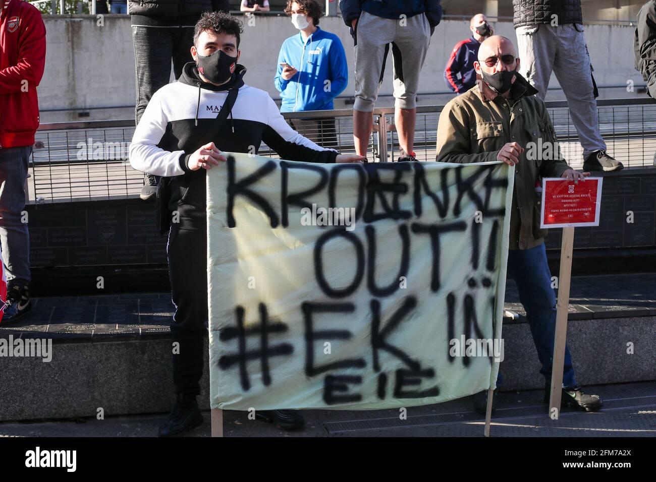 LONDON, ENGLAND, MAY 6 2021. Arsenal fans protest against Stan Kroenke ...
