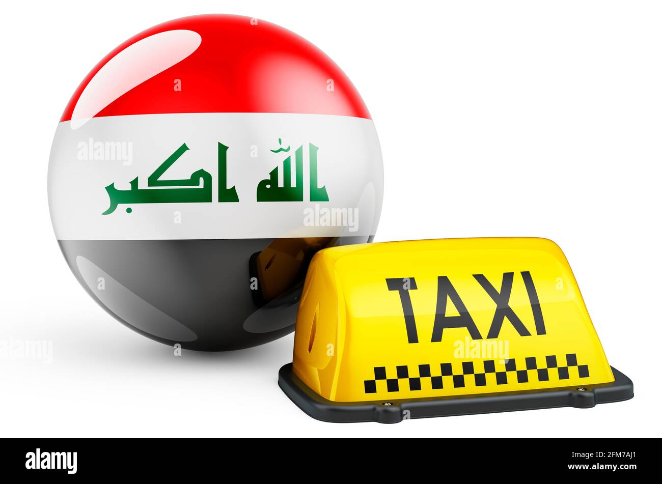 Taxi service in Iraq concept. Yellow taxi car signboard with Iraqi flag ...