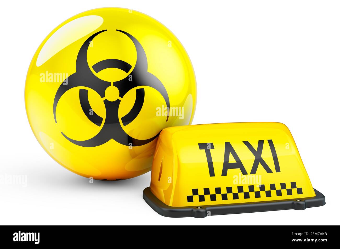 Yellow taxi car signboard with biohazard sign flag, 3D rendering ...