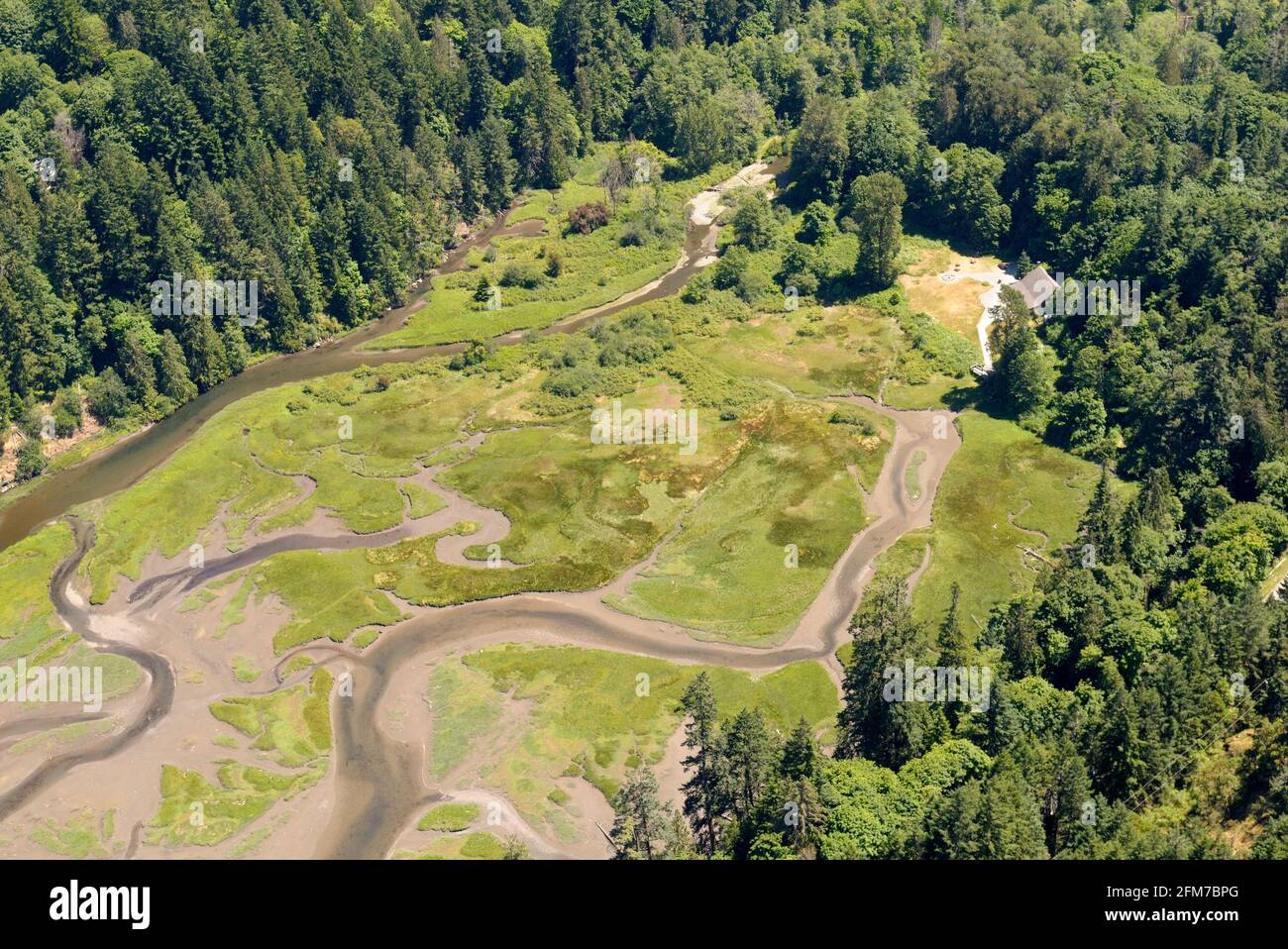 Aerial photograph of the estuary at Goldstream Provincial Park ...