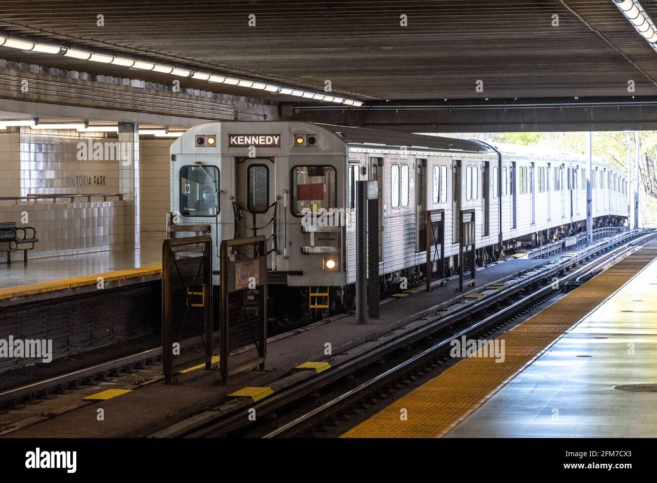 Old subway train arriving at Victoria Park Station. The train belongs ...