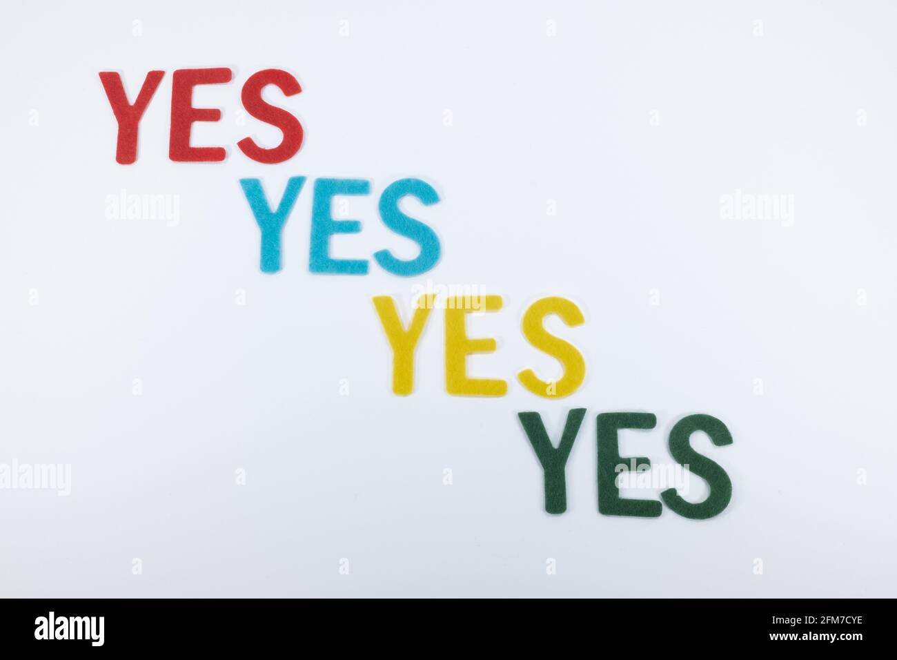 A banner with word YES that repeats four times in different colors: red ...